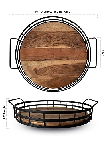 Farmhouse Round Wooden Tray with Black Metal Frame & Acacia Wood Base with Handles. This Round Tray is an Ideal Decorative Tray, Coffee Table, Drinks or Serving Tray by Cube Home