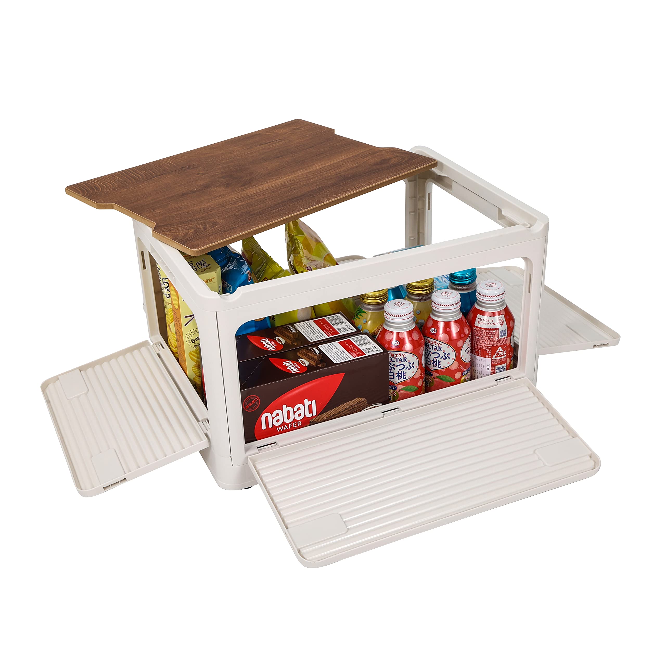 The foldable outdoor camping storage box has a large capacity of 48L, the foldable storage box equipped with a wooden cover and rollers can be used for indoor,car trunk and camping.