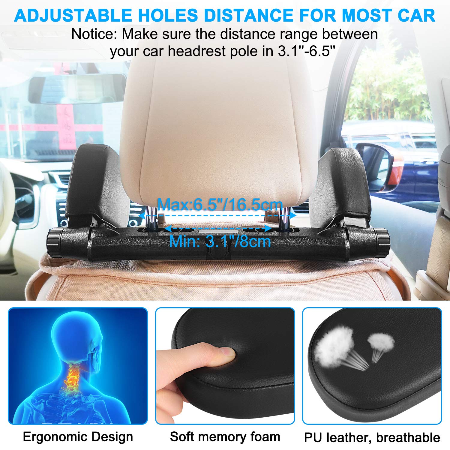 Car Headrest Pillow, Car Neck Pillow Head Pillow, Adjustable Both Sides U Shaped Travel Vehicle Seat Head Support Pillow for Kids Adults Elders Teenagers