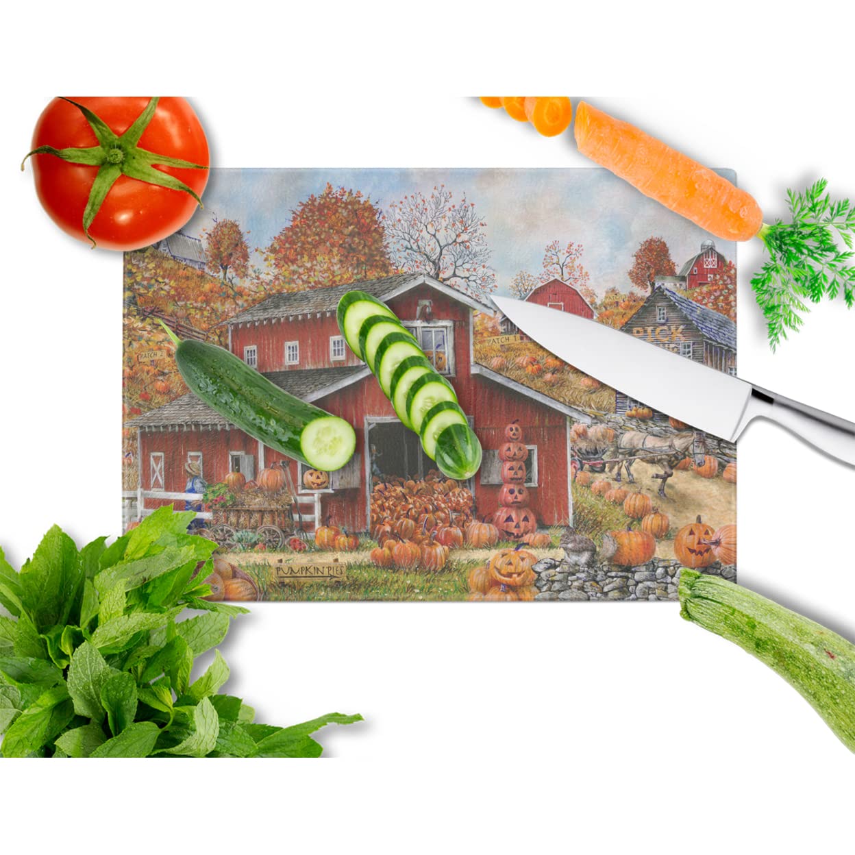 Caroline's Treasures PTW2025LCB Pick your Own Pumpkins Fall Glass Cutting Board Large Decorative Tempered Glass Kitchen Cutting and Serving Board Large Size Chopping Board