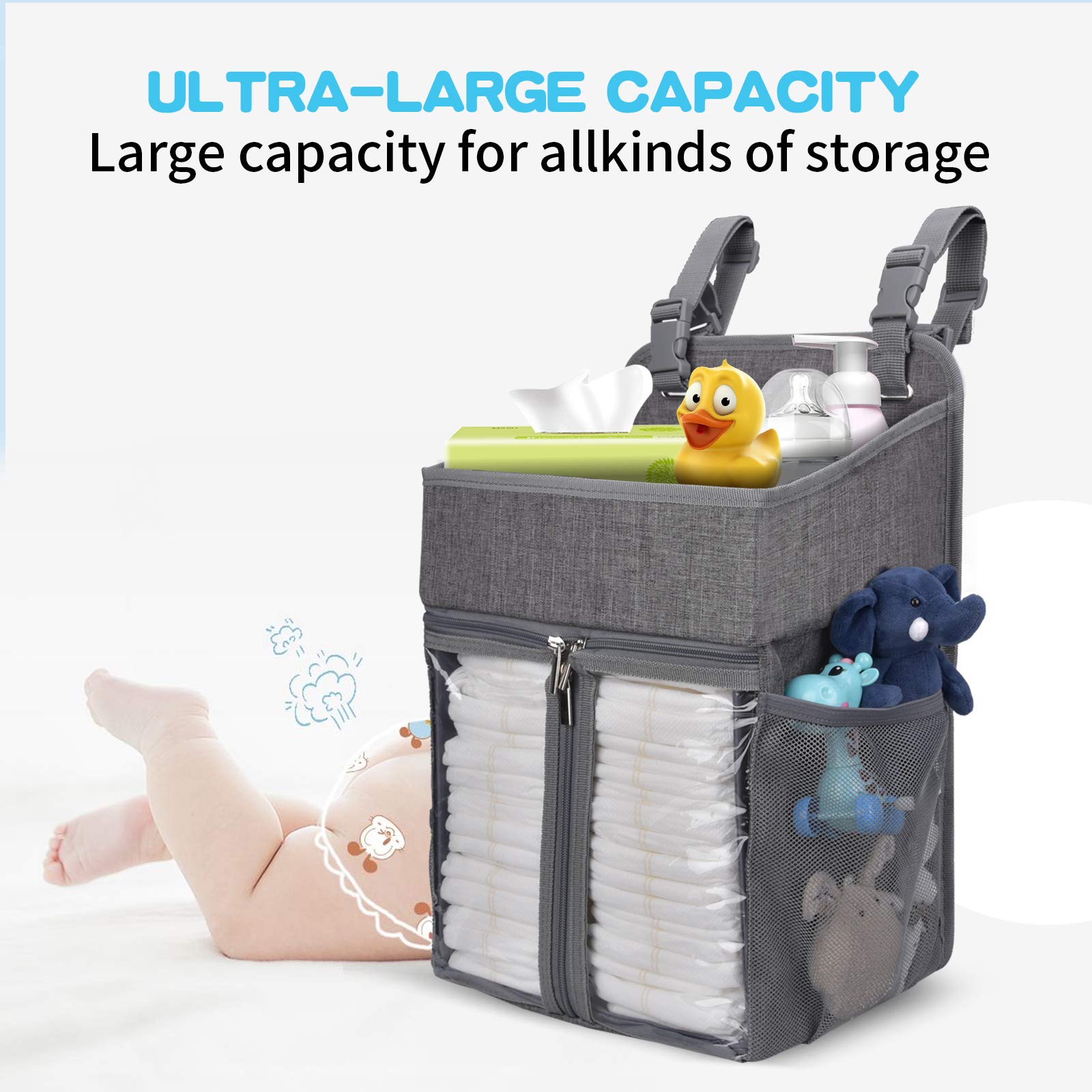 BAGLHER Hanging Diaper Organizer,Baby Diaper Organizer is Suitable for Hanging on Diaper Table, Nursery, and All Cribs. Baby Supplies Storage Diaper Rack, Diaper Stacker.Gray