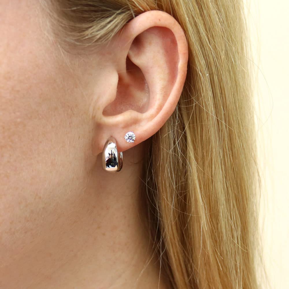 BERRICLE Sterling Silver Small Fashion Hoop Huggie Earrings for Women, Rhodium Plated 0.55"
