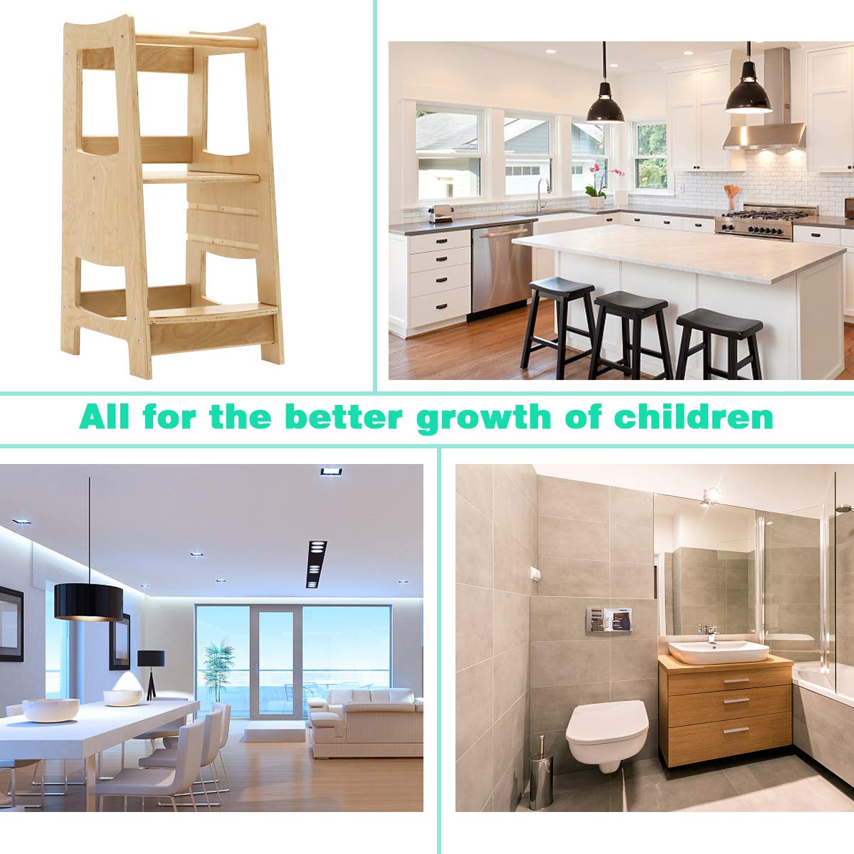 EGREE Toddlers Kitchen Step Stool with Safety Rail Kids Wooden Standing Tower for Kitchen Counter and Bathroom Sink, 3 Heights Adjustable Step Up Stool Mothers' Helper, Solid Wood Construction, White
