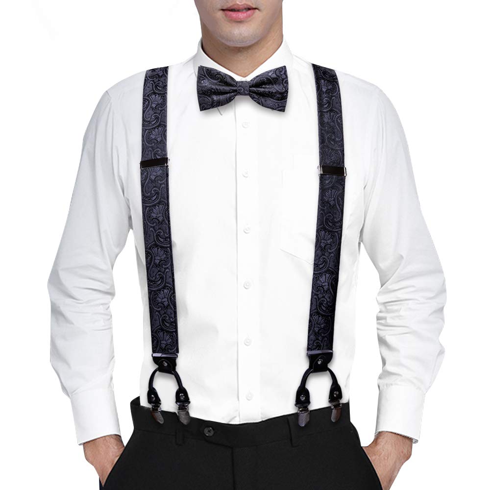 Barry.Wang Men Black Paisley Suspender and Bow Tie Set Y Shape Heavy Duty 6 Clips Braces