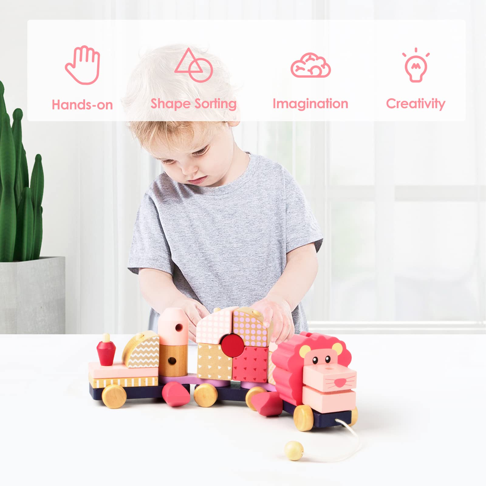 Toddler Montessori Toy, Wooden Block Train Set Stackable Building Blocks Toy Shape Sorter Toy Pink Lion Pull Toy for Baby Girl Ages 2 4 3 Years Birthday Gift Early Learning Educational Toy