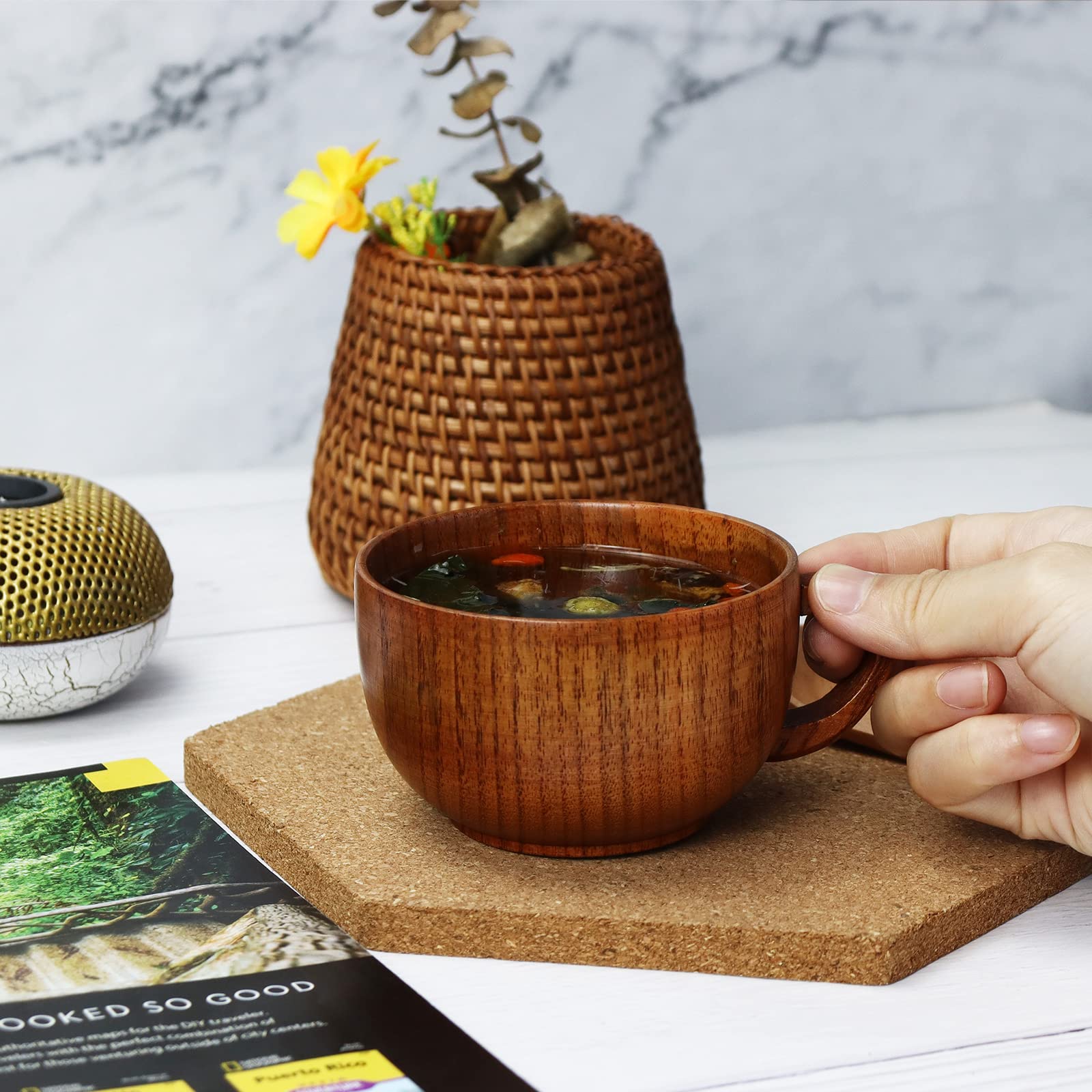 Buqoo Wooden Tea Cups, Coffee Mug Tea Cup Wood Drinking Cup Wine Mug Vintage Teacup Wooden Mug with Handle for Tea Milk Beer Water Juice (200 ML)