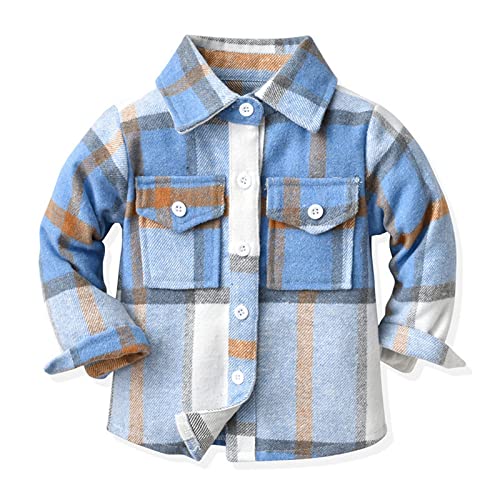Kids Toddler Baby Boys Autumn Winter Plaid Cotton Long Sleeve Cardigan Jacket Clothes Trench Coat (E19-Blue, 5-6 Years)