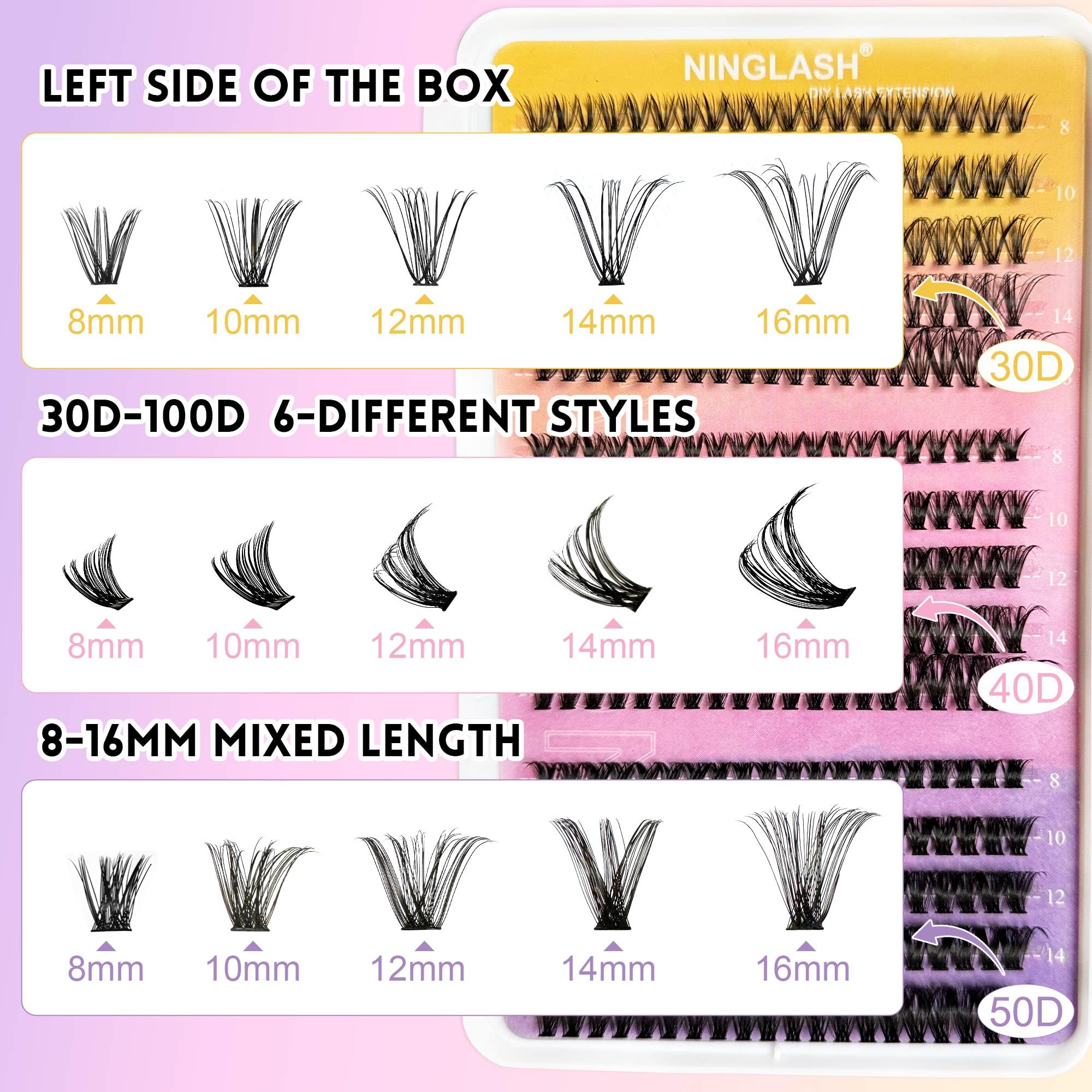Clear Band Lashes Clusters Ninglash R3 D Curl DIY Eyelash Extension, 56 Pcs Individual Lashes Extensions, Soft Natural Lightweight 10/12/14/16mm Mix Resuale Eyelash Cluster Lashes for Home use …