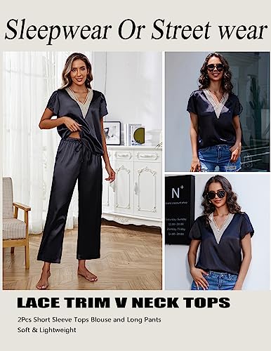 HBZDQB Satin Pajama Set for Women Short Sleeve Sleepwear Silk Soft Nightwear Comfy Loungewear daily Pjs Sets Fall Pyjama Black XL