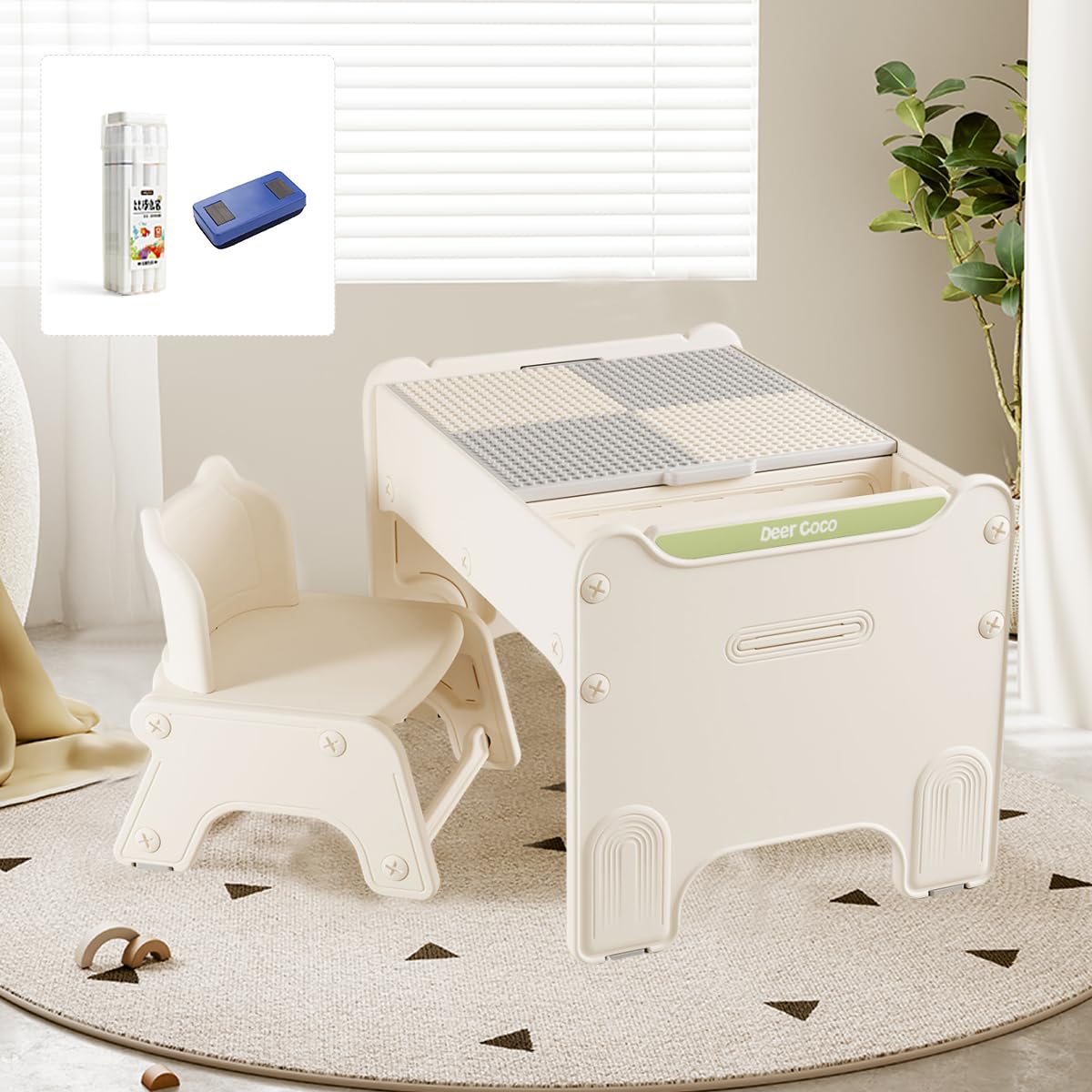 Deer COCO Kids Activity Table and Chair Set with Storage, Toddler Activity Table Play Table Lego Table, 12-Color Markers, Dry Erase Board & Eraser, Multi-Color & Versatile (No Building Blocks)