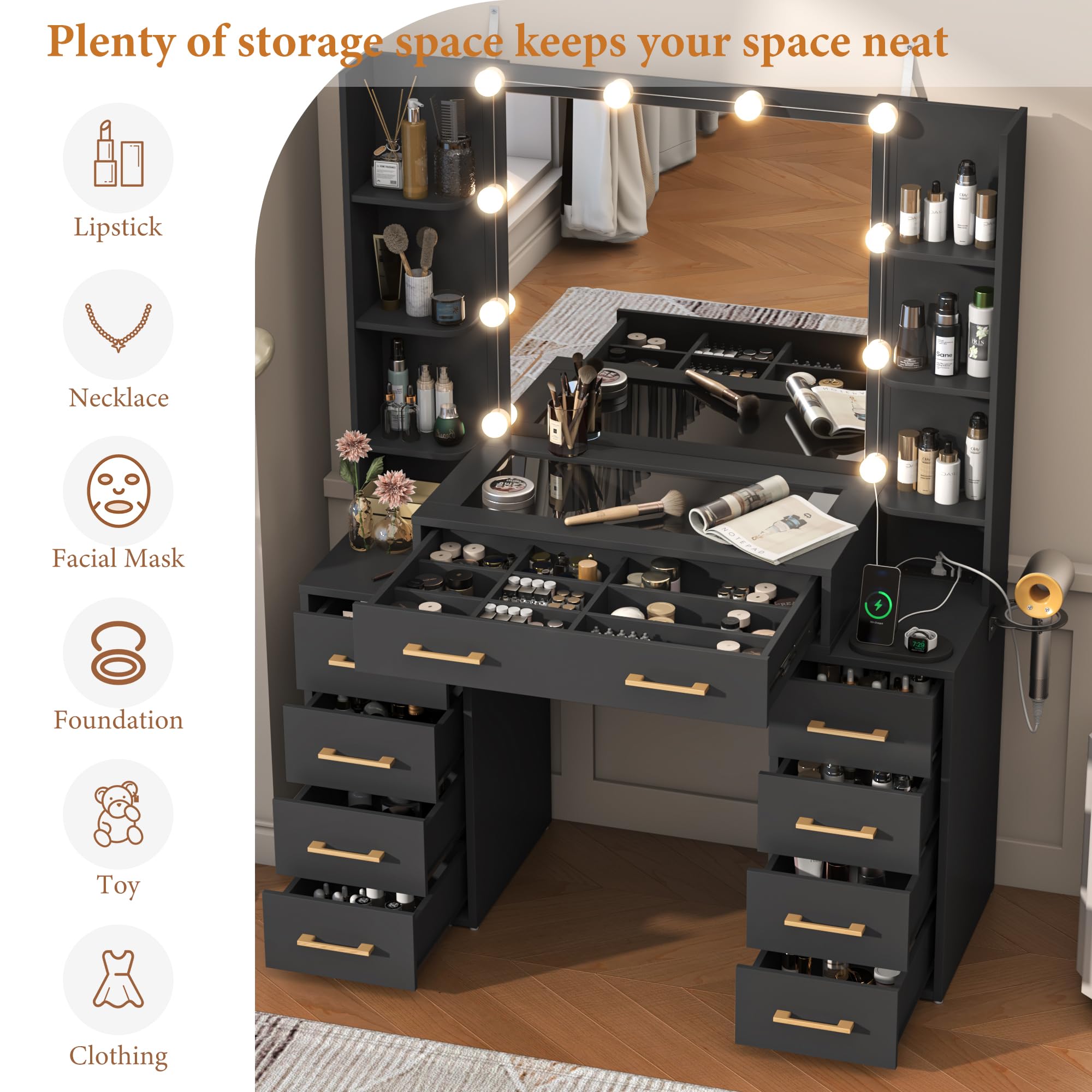 jiteentarou Glass Top Vanity Desk with Mirror and Lights, Large Vanity Makeup Mirror Desk with Charging Station Compartment Storage Drawers, Modern Makeup Vanity with 9 Drawers 6 Shelves, Black