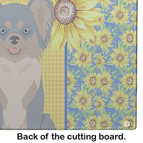 Caroline's Treasures WDK5358LCB Summer Sunflowers Longhaired Blue and Tan Chihuahua Glass Cutting Board Large Decorative Tempered Glass Kitchen Cutting and Serving Board Large Size Chopping Board
