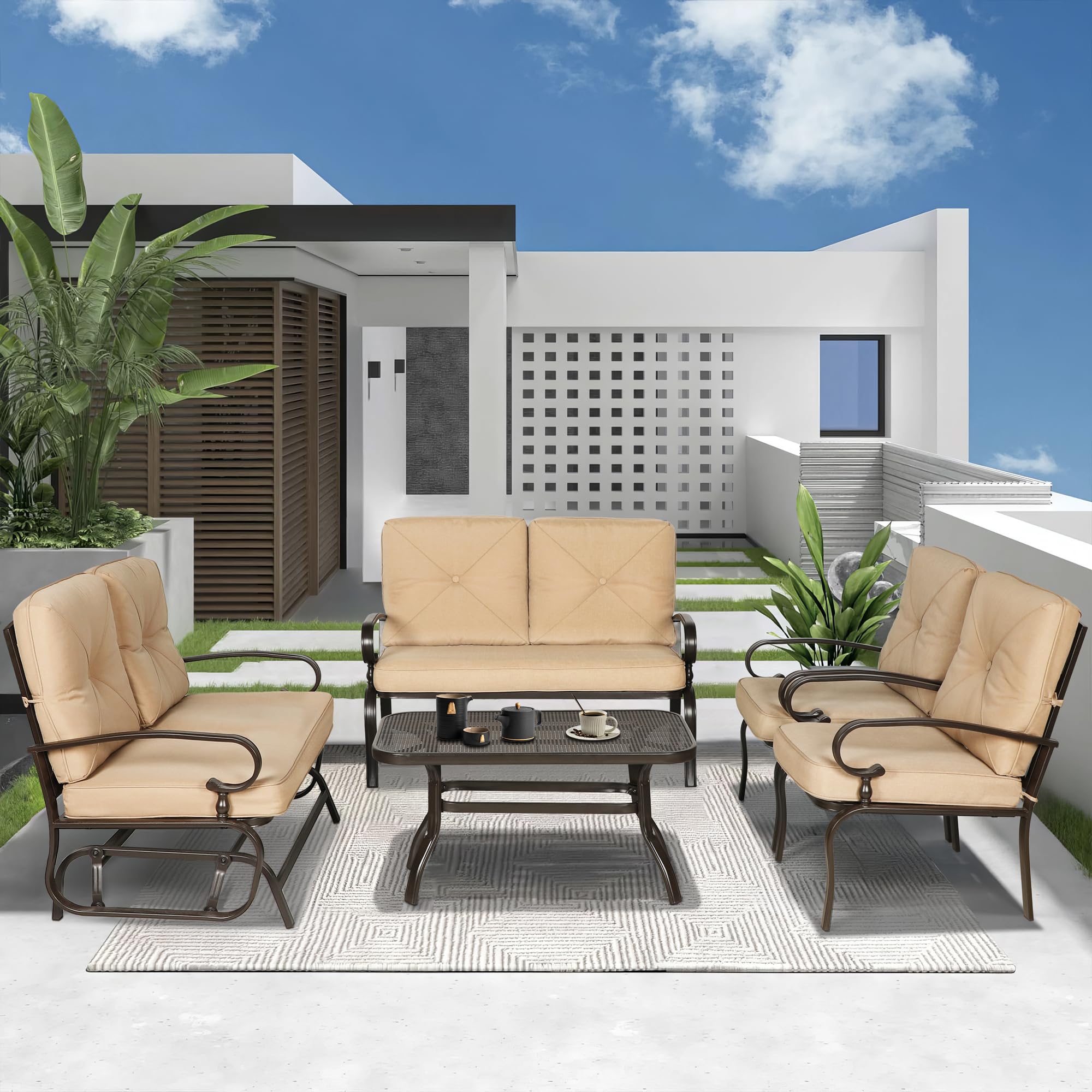Incbruce 5 Pcs(6 Seats) Outdoor Metal Furniture Sets Wrought Iron Patio Conversation Sets, (Glider, 2 Single Chairs, Loveseat, and Coffee Table) with Cushion (Brown)