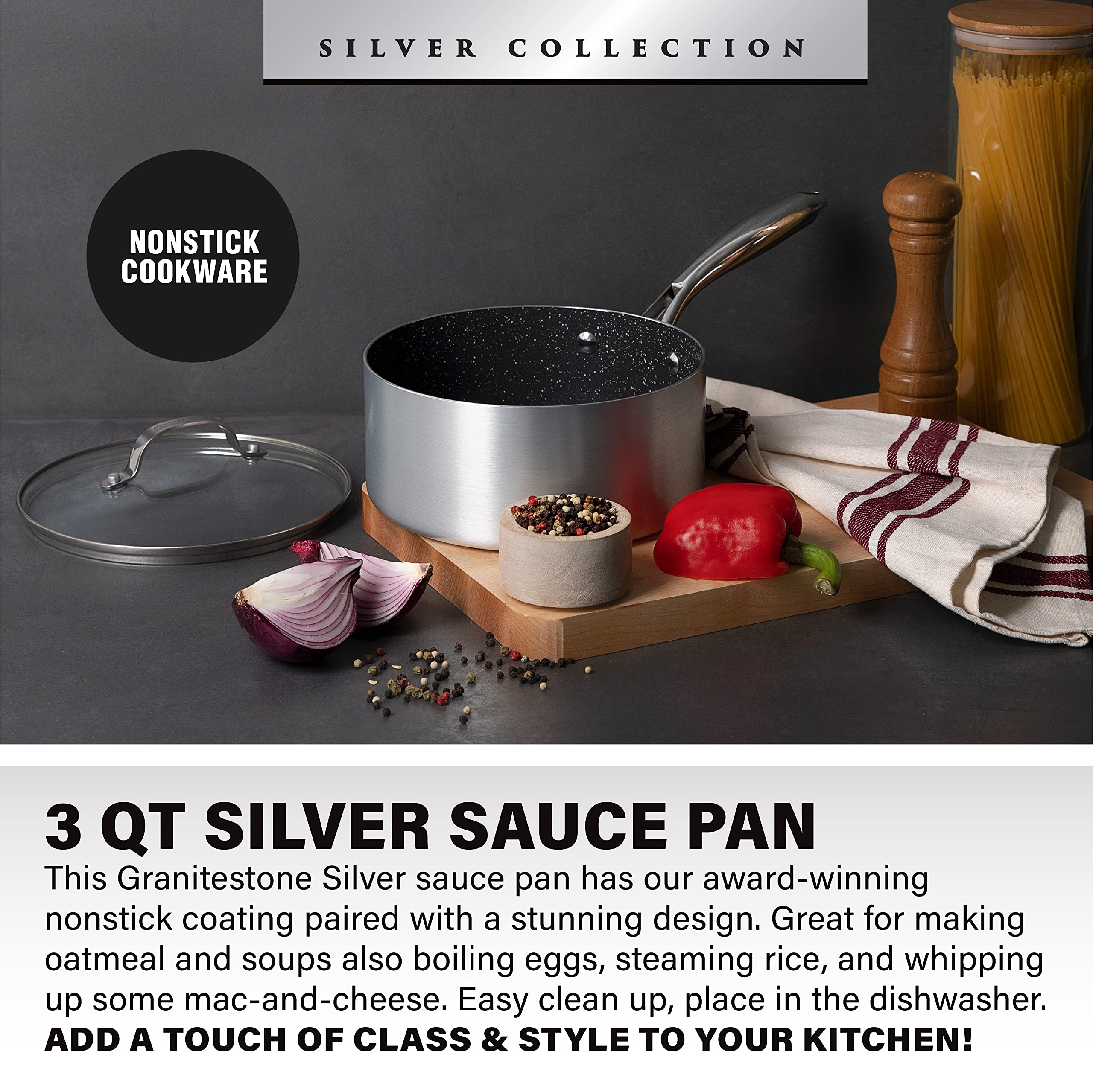 Granitestone Nonstick 3 Quart Saucepan with Glass Lid, Small Pot with Lid-Ultra Durable Coating with Brushed Exterior Silver-100% PFOA Free-Dishwasher & Oven Safe