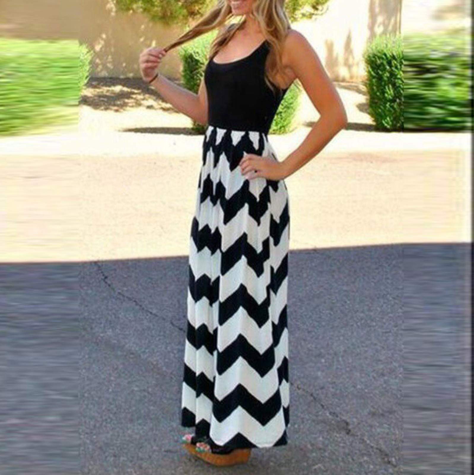 Padaleks Women’s Casual Summer Maxi Dress Loose Sleeveless Boho Beach Sundresses Striped Patchwork Long Dresses