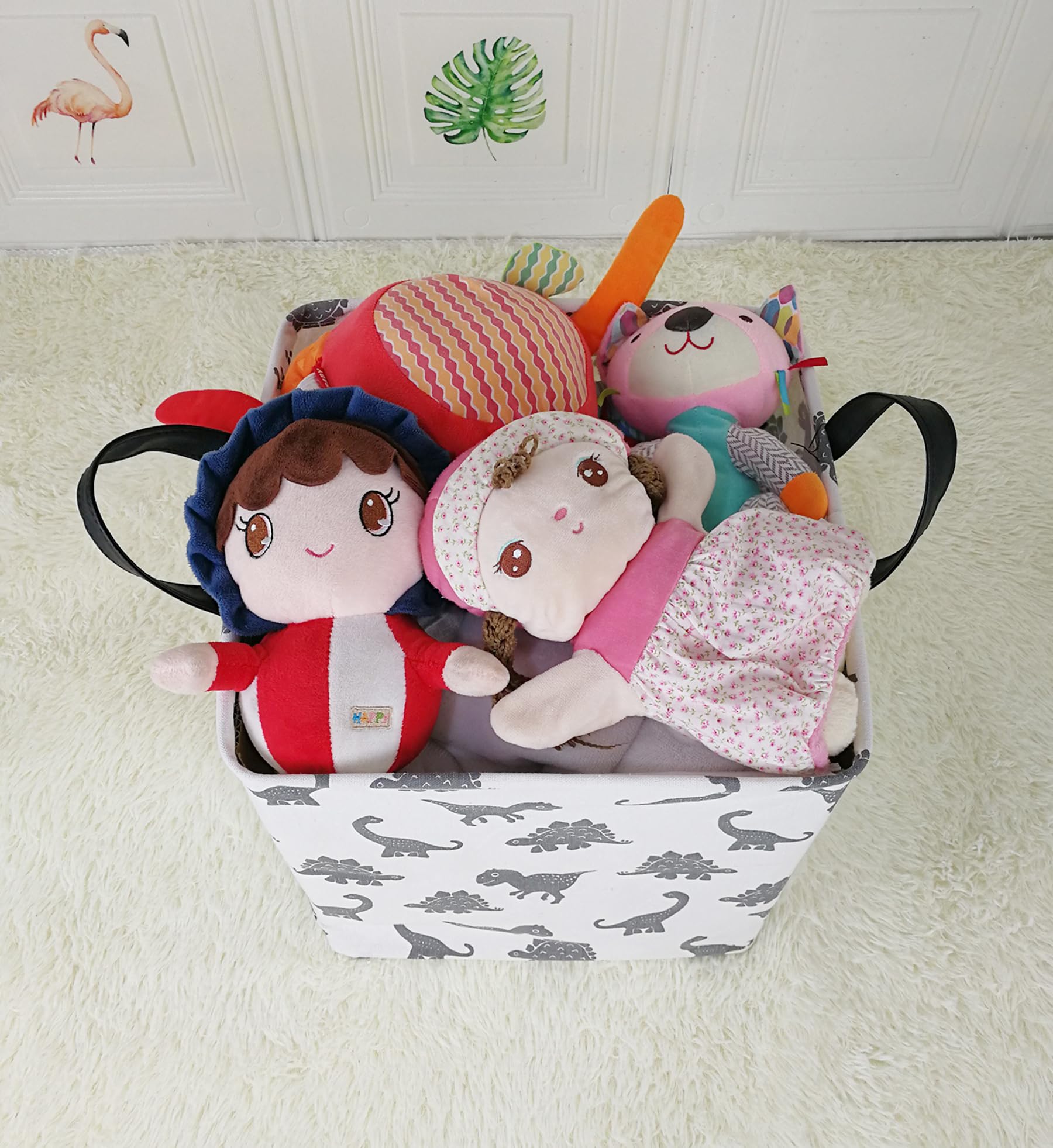 HUAYEE Squrage Storage Bin Canvas Fabric Storage Basket, Waterproof Coating Toy Organizer with Handles, Gift Basket for Home, Office, Clothes, Toy, Shelf Basket (Square Gray Dinosaur)