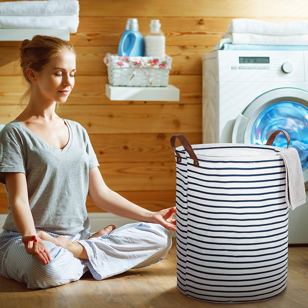 FRIENDIY Large Laundry Hamper, Removable Laundry Basket, foldable fabric laundry basket, drawstring waterproof round cotton linen storage basket. (Blue Strips, 17.7"/Medium)