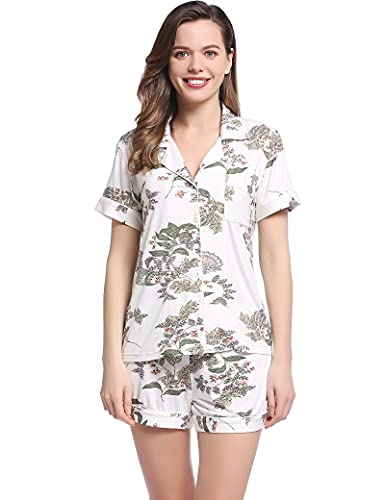 Joyaria Womens Summer Bamboo Short Sleeve Button Up Pajama/Pj/Sleep Shorts Set (Floral Print,XXL)