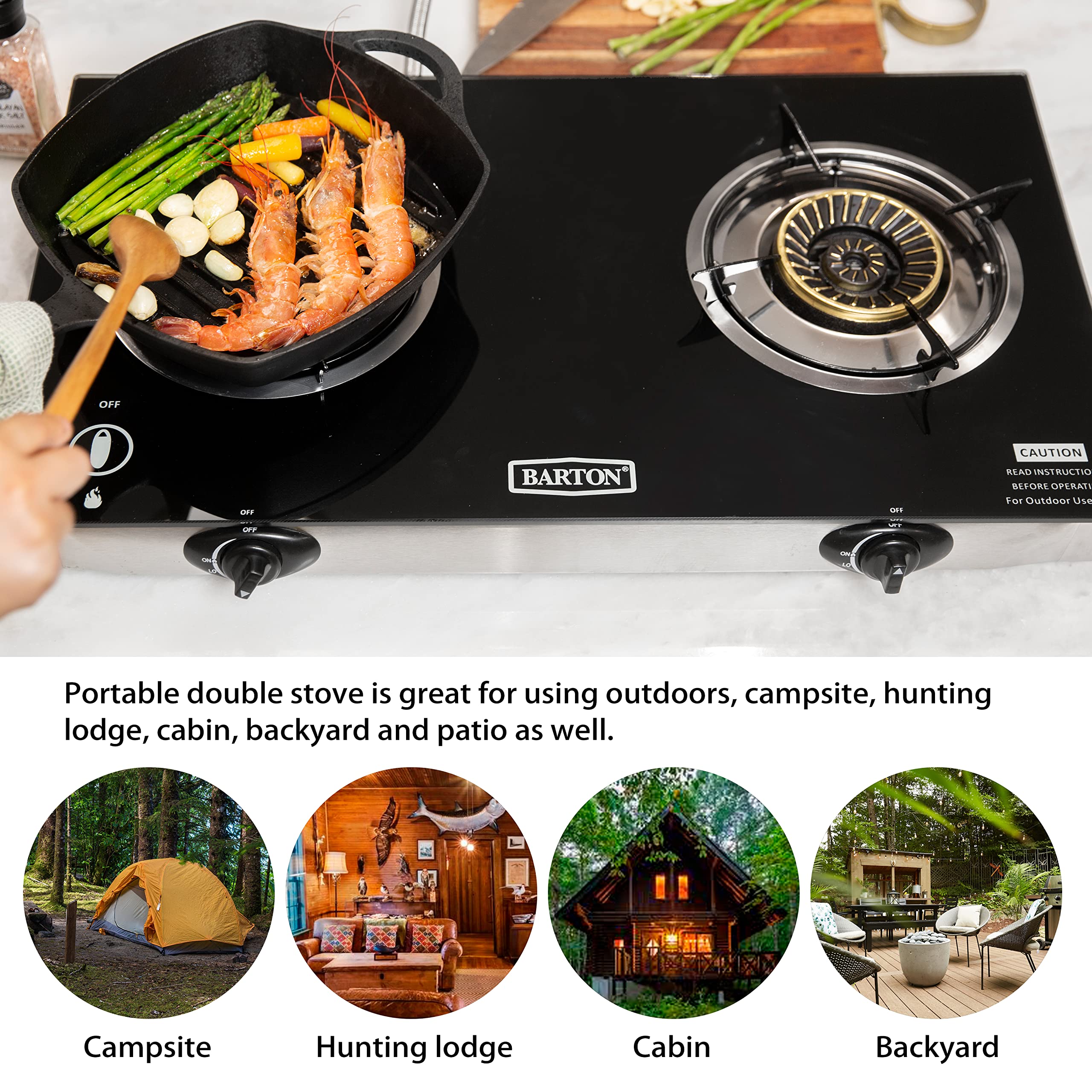 Barton Double Burner Stove w/Auto Ignition Glass Top Deluxe Outdoor Propane Portable Camping Cooking Range