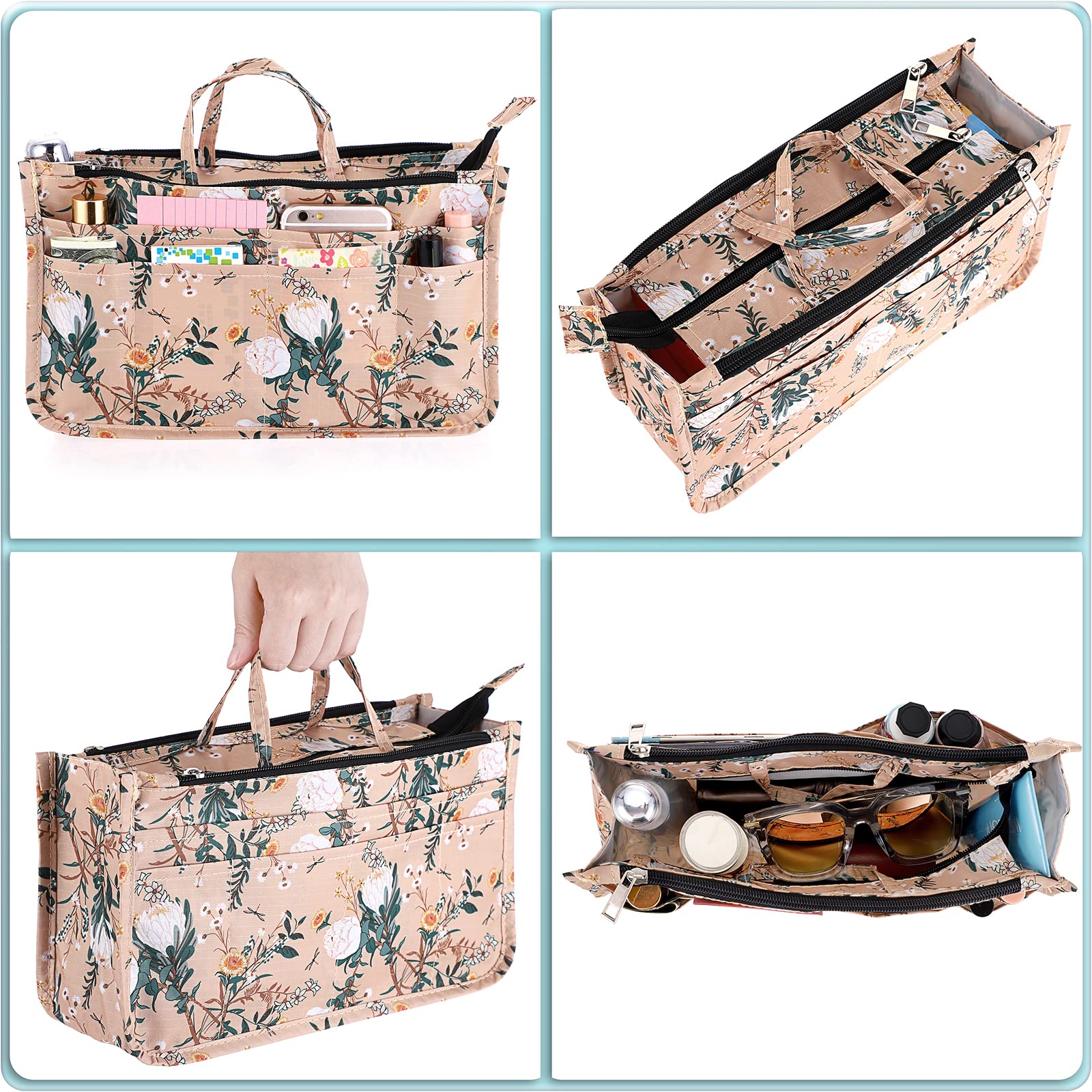 BTSKY Printing Handbag Organizers Inside Purse Insert - High Capacity 13 Pockets Bag Tote Organizer with Handle (White Flower)