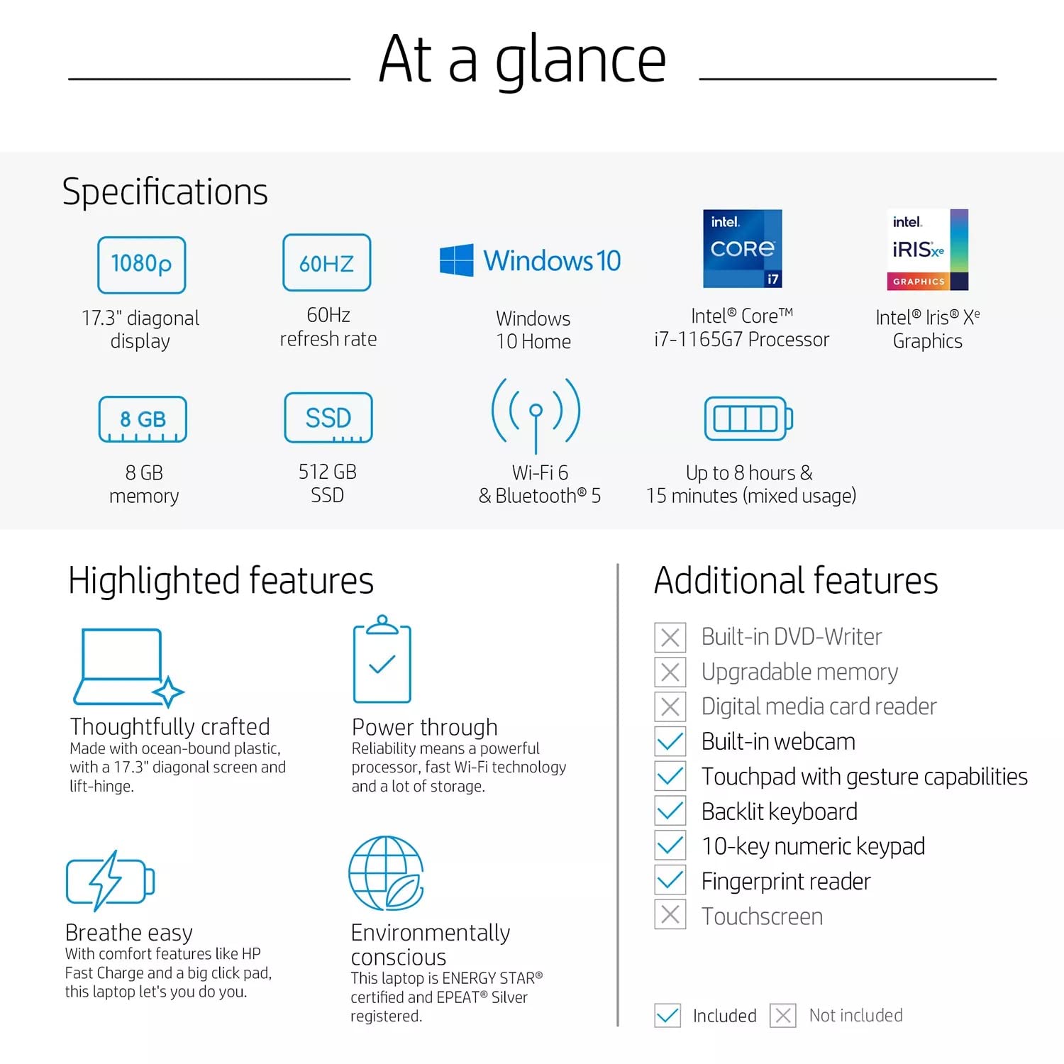 HP 2022 17.3" Full HD IPS Premium Laptop | 11th Generation Intel Core i7-1165G7 | Intel UHD Graphics | 8GB DDR4 | 512GBSSD | Windows 10 Home | Silver |