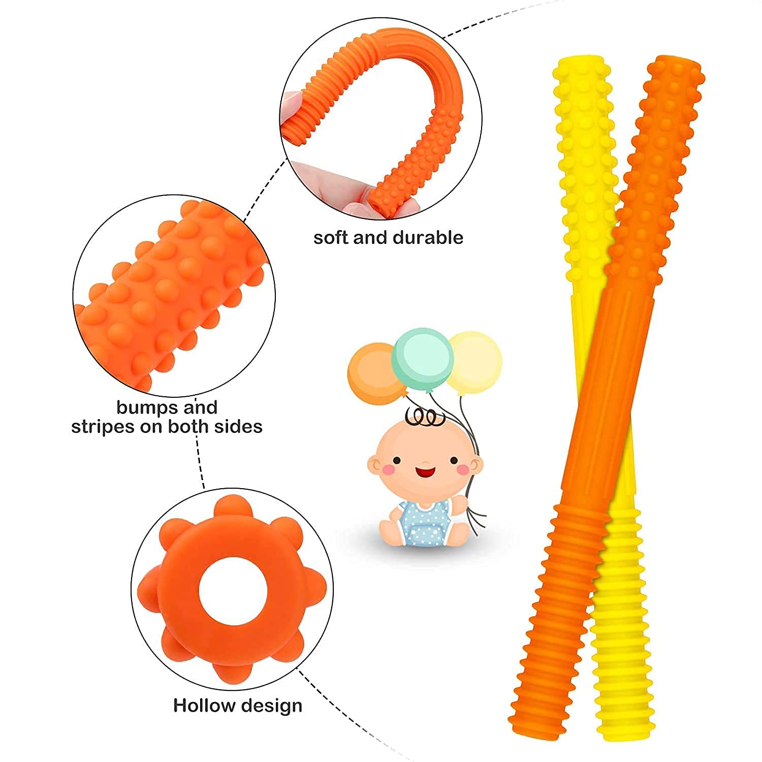 SLGOL Hollow Teether Tube(6.8'' Long), 5 Pack Chew Straw Teething Toys for Infant Toddlers Silicone Tubes Teething Sticks for Babies 3-12 Months, BPA Free
