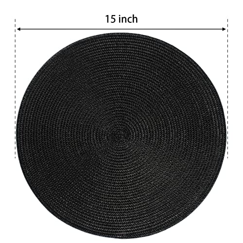 FunWheat Round Braided Placemats Set of 4 Table Mats for Dining Tables Woven Washable Non-Slip Place mats 15Inch (Black, 4pcs)