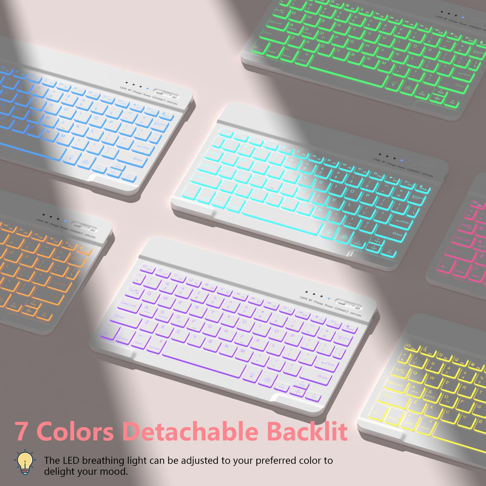 FUWANG Keyboard Case for iPad 9th Generation 10.2 inch 2021 - Detachable 7 Colors Backlit Stand Folio Keyboard Cover for iPad 8th Gen/7th Gen/iPad Pro 10.5"/iPad Air 3rd Gen, with Pencil Holder