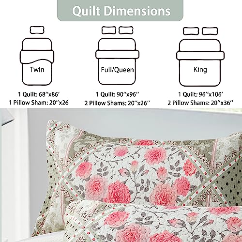 zhuzai 3 Piece Patchwork Quilt Set Full/Queen Size, Green Plaid Floral Bedspread Lightweight Reversible Microfiber Bedding with 2 Shams Shabby Chic Rose Comforter for All Season, 90''x96''