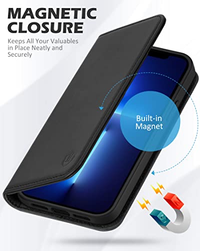 SHIELDON Case for iPhone 13 Pro 5G, Genuine Leather Wallet Case RFID Blocking Credit Card Holder Folio Magnetic Kickstand Shockproof Cover Compatible with iPhone 13 Pro 5G (6.1" 2021 Release) - Black