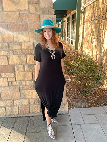 GRECERELLE Women's Casual Loose Pocket Long Dress Short Sleeve Split Maxi Dress Black Large
