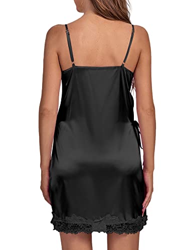 LYANER Women's Satin Lace Trim Babydoll Spaghetti Strap Wrap Tie Chemise Sleepwear Mini Dress Black Small