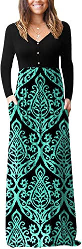 GRECERELLE Women's Long Sleeve Casual V Neck Plain Floral Print Maxi Dresses with Pockets Long Dress