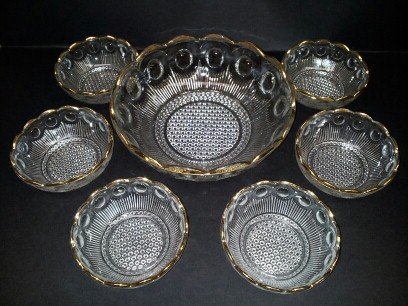 Bartlett Collins - Manhattan - Clear & Gold Rim -7 pc Glass Berry Bowl Set Bullseye Cane