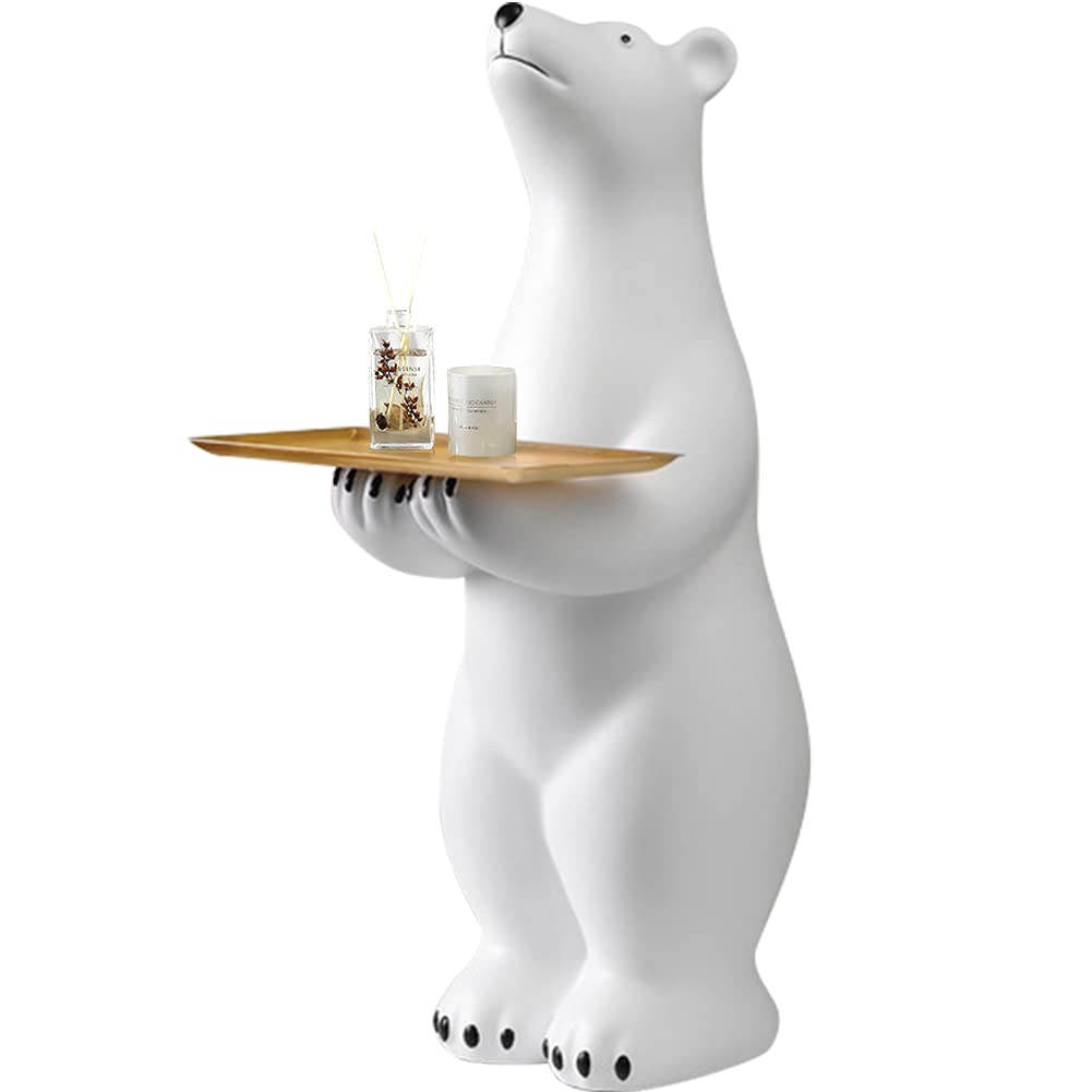 Pearlead Resin Polar Bear Sculpture with Metal Tray Animal Figurine Ornament Standing Statue Candy Dish Decorative Tray for Keys Home Office Hotel Decoration Holding