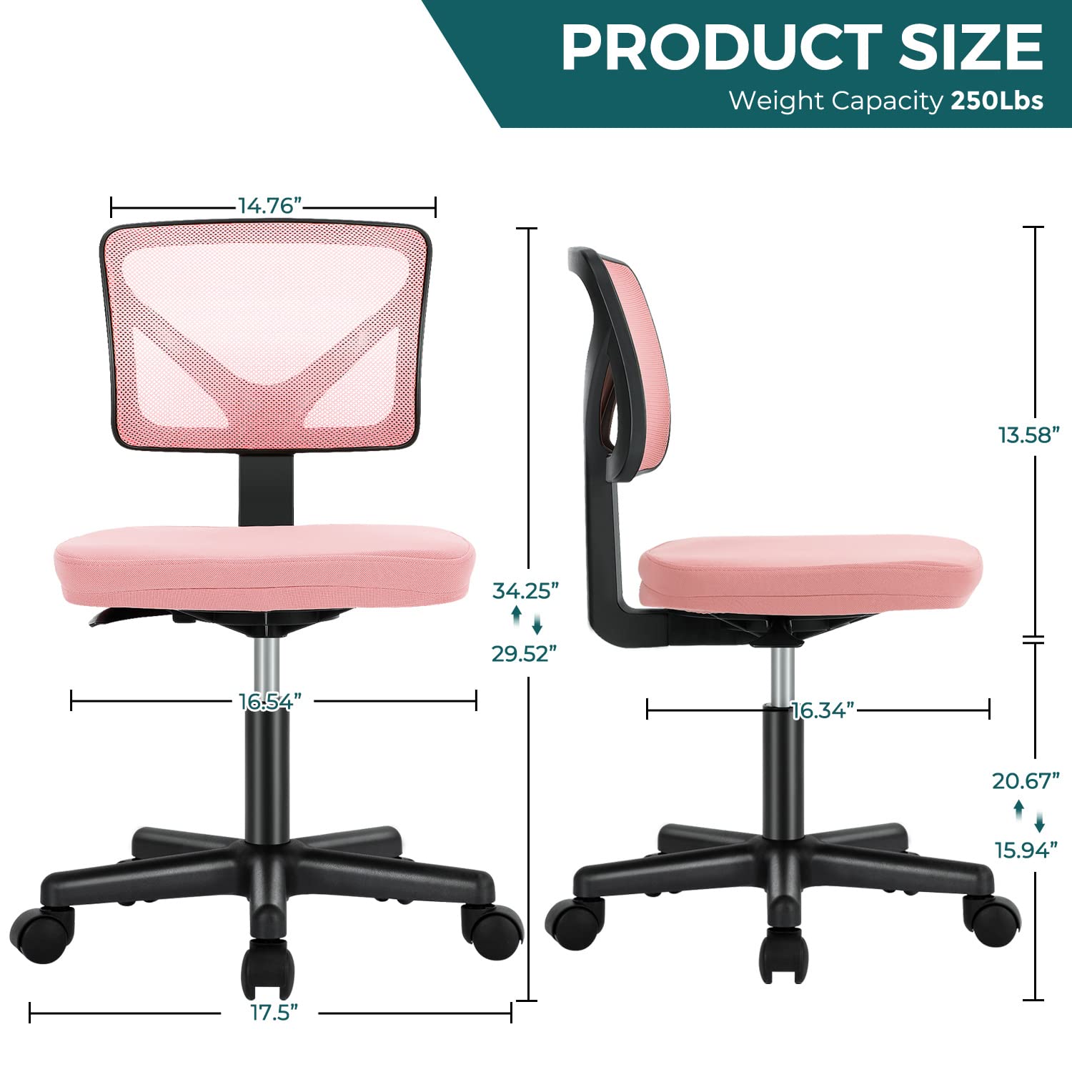 DUMOS Armless Desk Wheels Cute Home Office Chairs, Ergonomic Adjustable Swivel Rolling Task, Comfy Mesh Mid Back Computer Work Vanity Chair for Small Spaces, Light Pink
