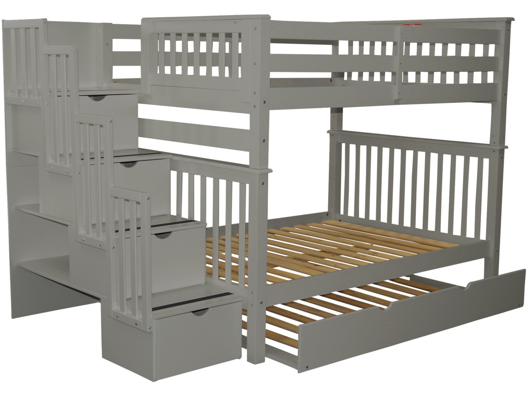 Bedz King Stairway Bunk Beds Full over Full with 4 Drawers in the Steps and a Twin Trundle, Gray