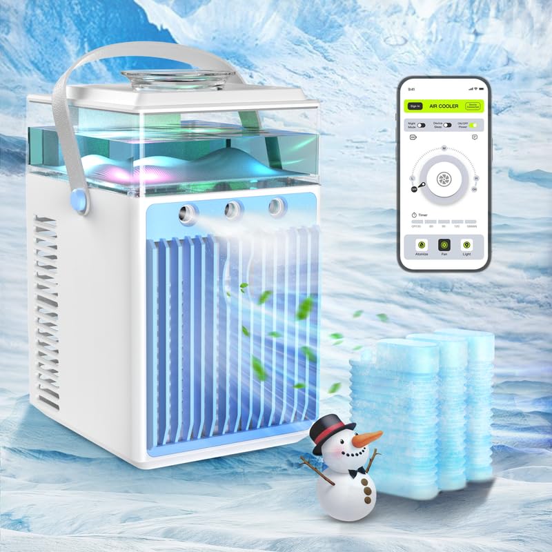 bubbacare Portable Air Conditioners, 4 in 1 Rechargeable Mini Air Conditioner Evaporative Personal Cooler Humidifier with App Control, 800ML Mini AC Desktop Cooling Fan for Office Tent Bedroom