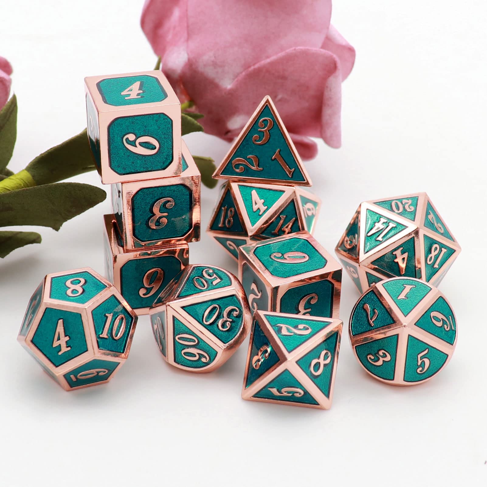 PJOY Copper Teal 11PCS Metal DND Dice Set Extra D6 D20 Dice for Dungeons and Dragons 5E Gifts