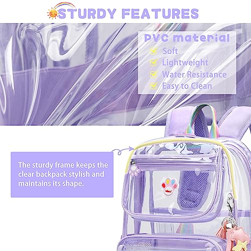 Maod Clear Backpack Heavy Duty Stadium Approved PVC Transparent Large School Book Bag with Free Sticker and A Pendant (Purple)