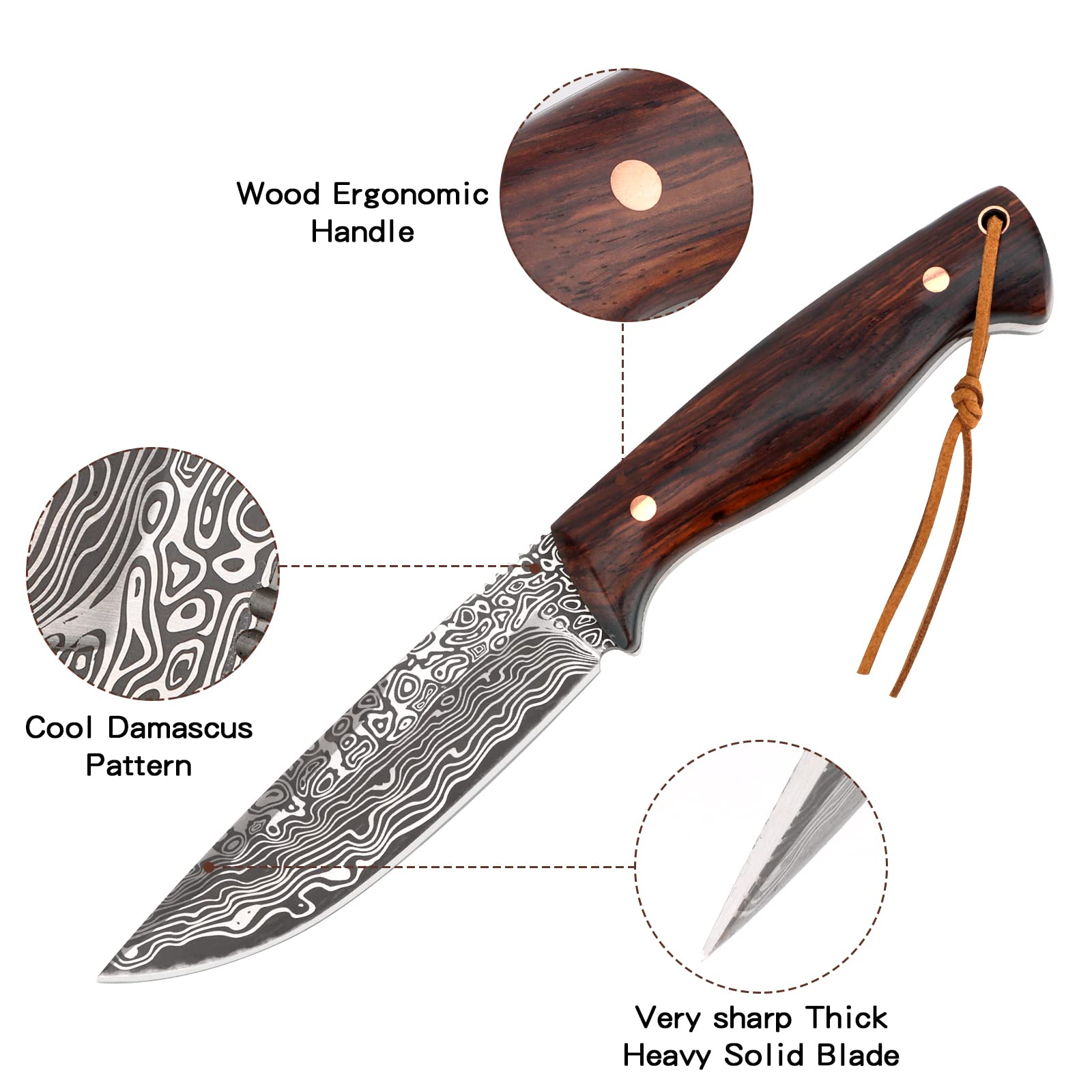 Benkey Fixed Blade Hunting Knife Full Tang with Leather Sheath, Solid & Sharp D2 Blade Outdoor Survival Hunting Knife, Comfortable Natural Wood Handle Camping Knife for Men and Women