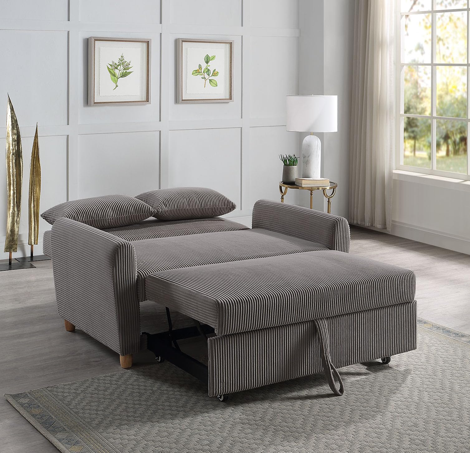 Favfurish 54" Corduroy Convertible Sleeper Loveseat with Full Foam Seating and 2 Throw Pillows, Stylish Couch for Living Room, Apartment,Bedroom,Brown