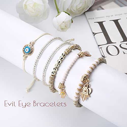 MILACOLATO Bohemian Bead Bracelets Set, Multilayer Evil Eye Stackable Bracelets, Comfort-Fit Stretch Bracelets for Women Girls, 6 Sets