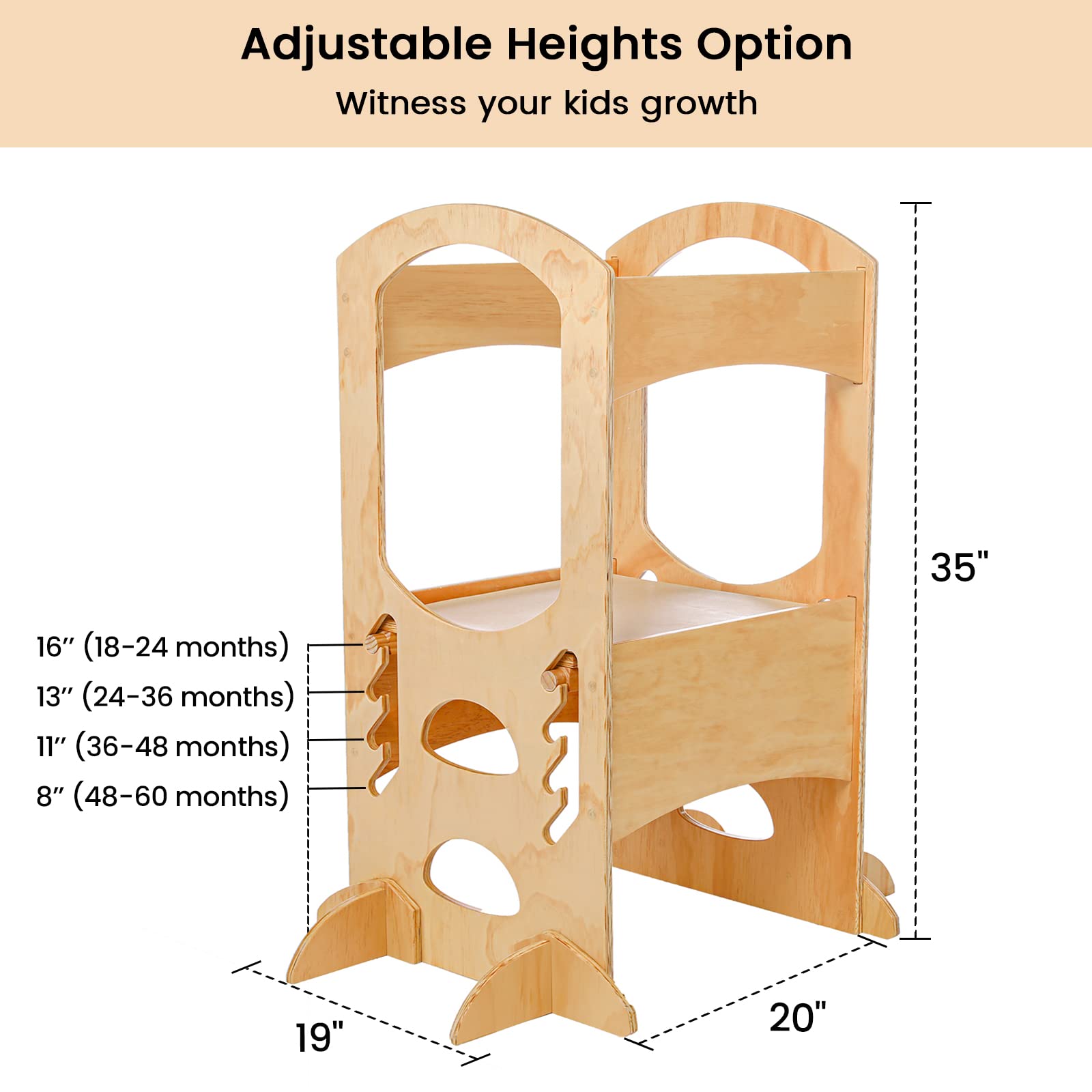 COMOMY Toddler Tower, Kids Step Stool with 4 Adjustable Heights, Safety Latch and Non-Slip Pad, Wooden Children Step Stool Kitchen Helper for Counter & Bathroom Sink
