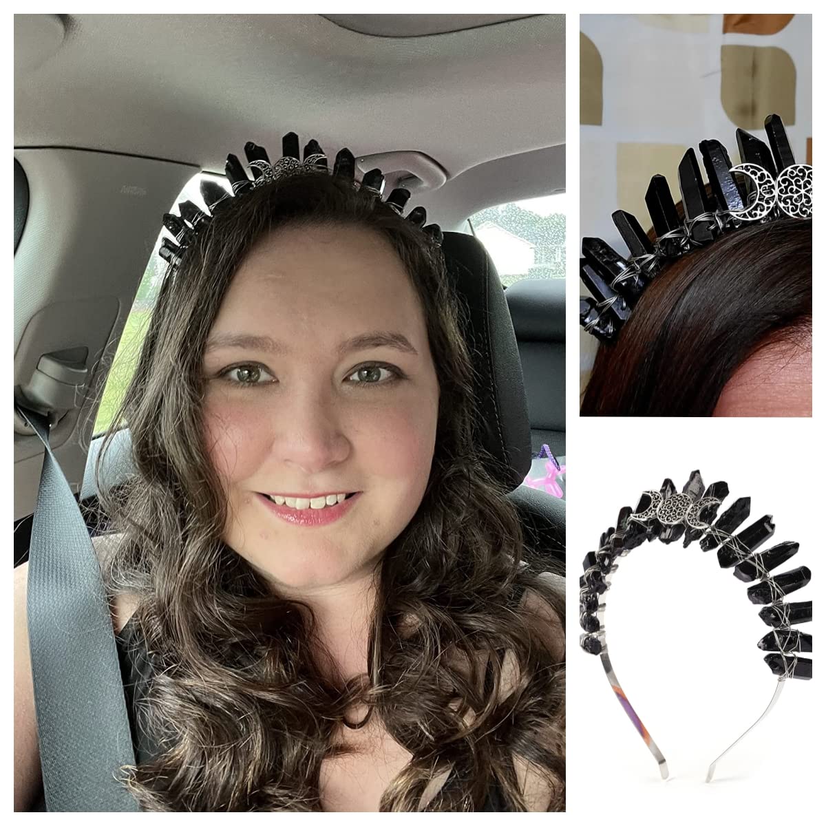 Bubbmi Black Raw Crystal Tiara Crown Headband, Natural Quartz Moon Goddess Witch Headpiece for Wiccan Cosplay Party Headwear
