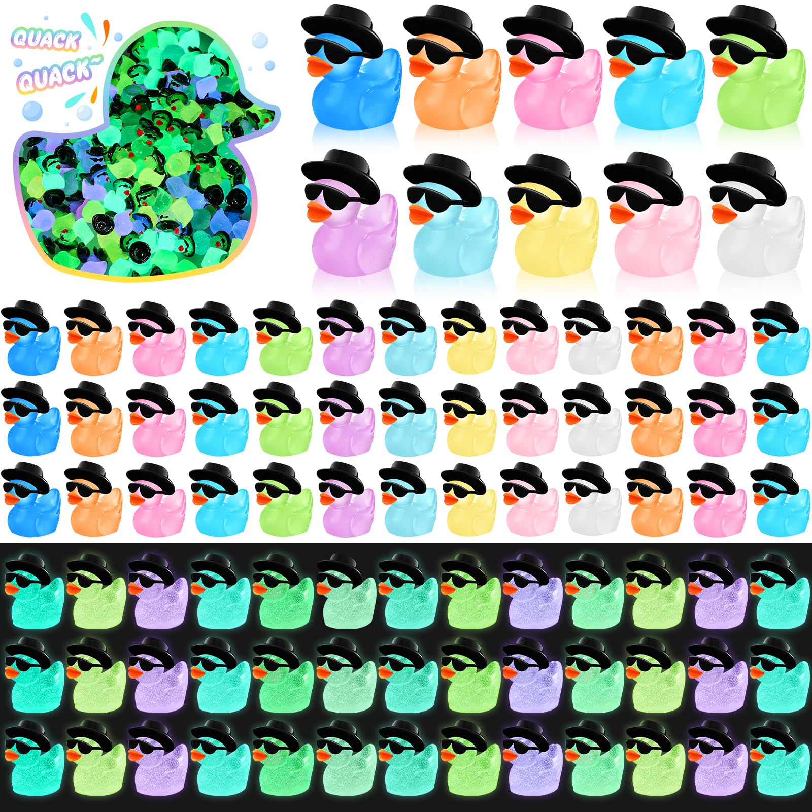 Barydat 150 Pcs Luminous Mini Resin Ducks with Sunglasses Bulk Glow in The Dark Colorful Tiny Cowboy Duck to Hide for DIY Landscape Pot Aquarium Dollhouse Baby Shower Party Favor