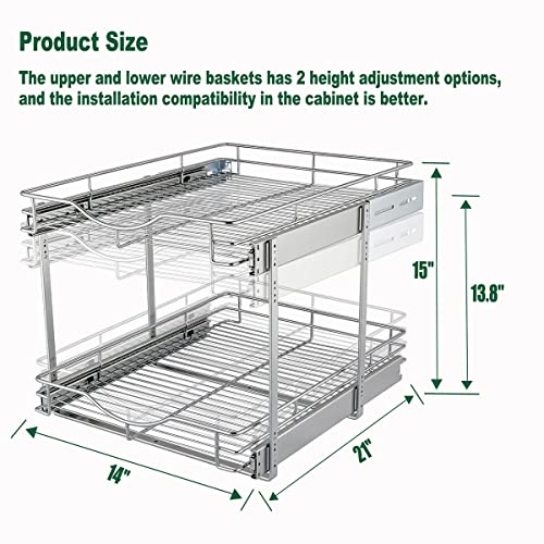 DINDON Pull Out Cabinet Organizer (14" W X 21" D), Cabinet Pull Out Shelves, 2 Tier Pull Out Drawers for Kitchen Cabinets, Double Tier Wire Basket Slide Out Shelf for Base Cabinet Organization in Kitchen, Pantry, Bathroom, Chrome