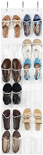 ZOBER Over The Door Shoe Organizer - 24 Breathable Pockets, Hanging Shoe Holder for Maximizing Shoe Storage, Accessories, Toiletries, Laundry Items. 64in x 18in (White, Clear)