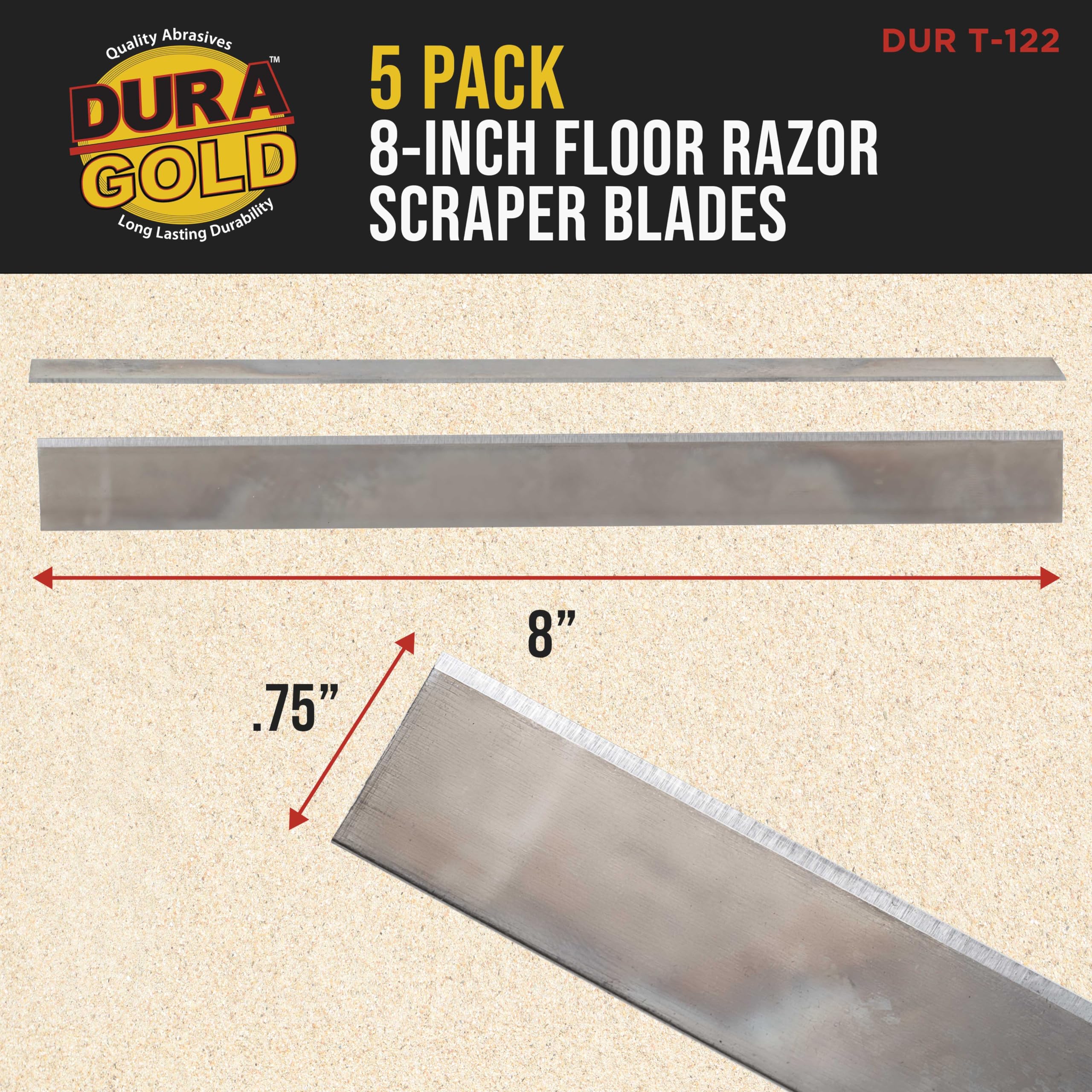 Dura-Gold Replacement 8-inch Floor Razor Scraper Blades, Pack of 5 - Sharp, Durable, Hardened Steel Razors for Heavy-Duty Removal of Floor Covering, Tile, Vinyl, Carpet - Demolition Surface Strippers
