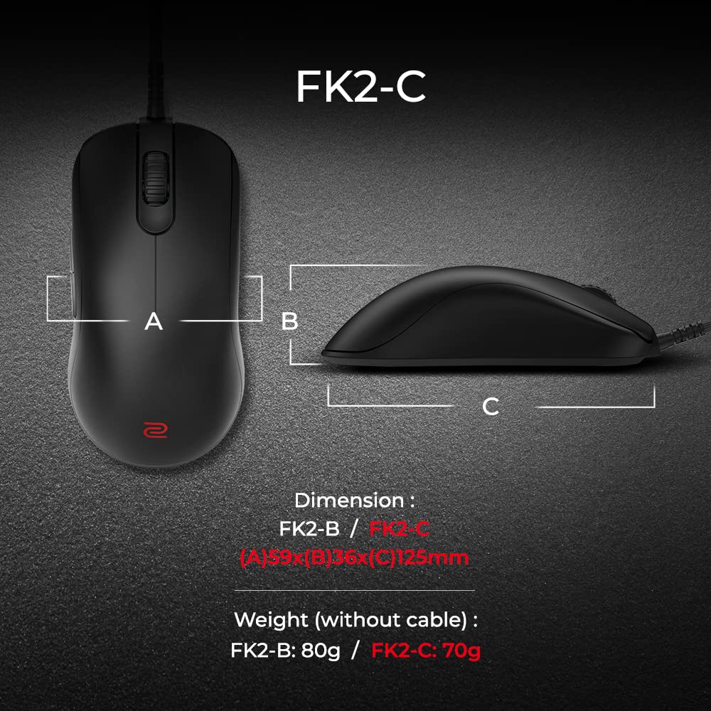 BenQ Zowie FK2-C Symmetrical Gaming Mouse | Professional Esports Performance | Driverless | Paracord Cable | Revisioned C-Features | Matte Black | Medium Size